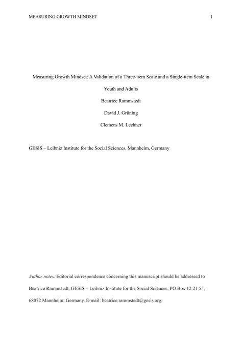 pdf measuring growth mindset a validation of a three item scale and