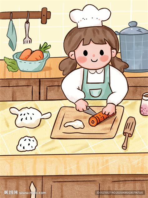 手绘卡通插画做饭的小女孩设计图动漫人物动漫动画设计图库昵图网
