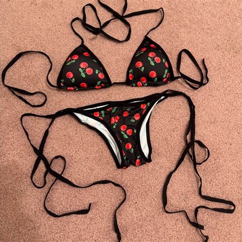 Swim New Small Medium Cherry Bikini Black Swimsuit Bathing Suit Pin