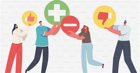 거대한 플러스 및 마이너스 아이콘이 있는 작은 남성과 여성 캐릭터 엄지손가락을 위아래로 움직입니다 남성과 여성은 거래의 장점 단점을 계산하여 장단점을 결정합니다 만화