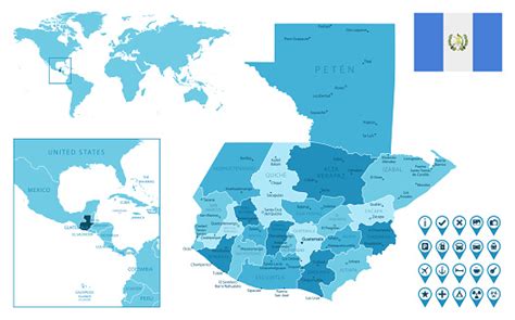 과테말라는 세계지도에 국가 국기와 위치와 행정 파란색지도를 자세히 설명했다 과테말라에 대한 스톡 벡터 아트 및 기타 이미지 과테말라 엘살바도르 인포그래픽 Istock