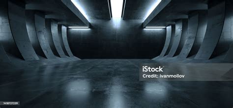 미래 지향적 인 Sci Fi 우주선 쇼룸 격납고 스튜디오 콘크리트 그런 지 시멘트 아스팔트 어두운 현실적인 지하 지하 벙커 3d 렌더링 빛에 대한 스톡 사진 및 기타 이미지