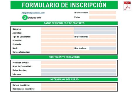 Formato Ficha de Inscripción en Excel Fichas Formulario de inscripción Formato