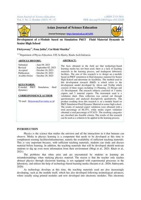 Pdf Development Of E Module Based On Simulation Phet Fluid Material Dynamic In Senior High School