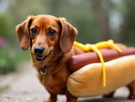 Dachshund Wearing Hot Dog Costume Posing In A Park Stock Illustration