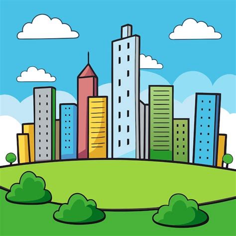 Um Desenho De Desenho Animado De Uma Cidade Com Um Campo Verde E Um Céu