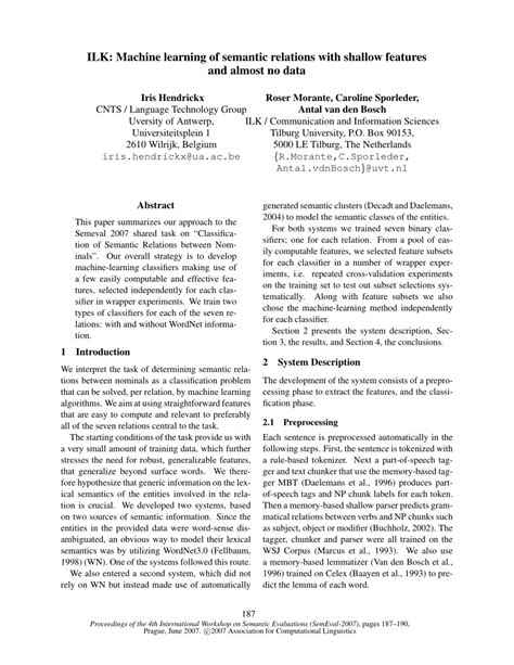 Pdf Ilk Machine Learning Of Semantic Relations With Shallow Features
