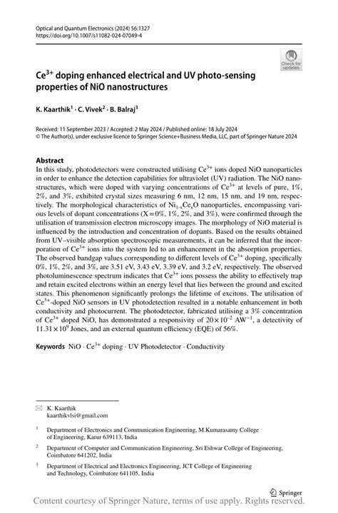 Ce Doping Enhanced Electrical And Uv Photo Sensing Properties Of Nio Nanostructures