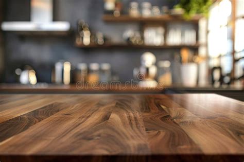 Rustic Wooden Kitchen Counter With Modern Shelves And Kitchenware Stock