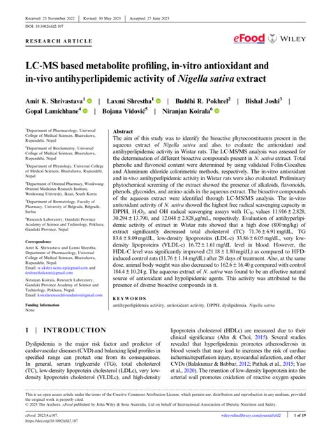 Pdf Lc‐ms Based Metabolite Profiling In‐vitro Antioxidant And In‐vivo Antihyperlipidemic