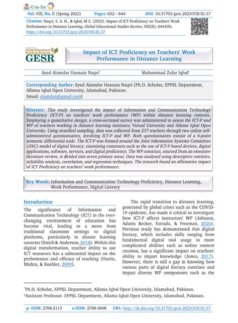 Pdf Impact Of Ict Proficiency On Teachers Work Performance In