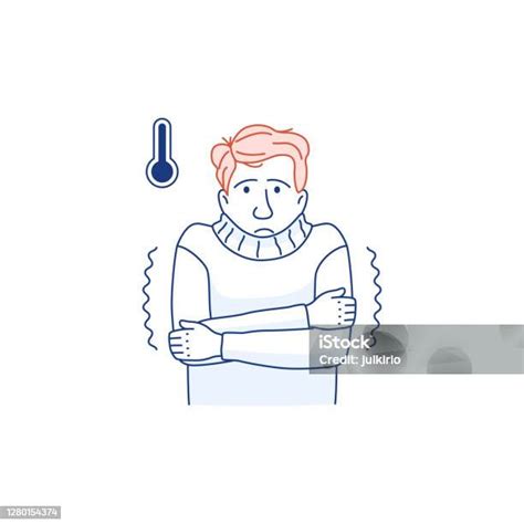 아픈 사람 초상화 는 얇은 선 아이콘을 격리 발열 고온 온도계 표지판에 남자 독감 바이러스 감기 코로나바이러스 증상 땀에 캐릭터
