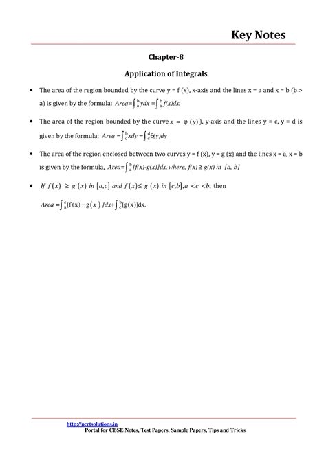 12 Maths Key Notes Ch 08 Application Of Integrals Key Notes Ncrtsolutions Portal For Cbse