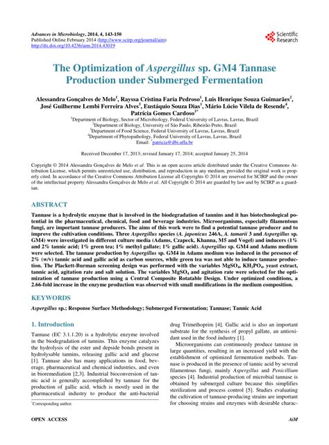 Pdf The Optimization Of Aspergillus Sp Gm4 Tannase Production Under Submerged Fermentation