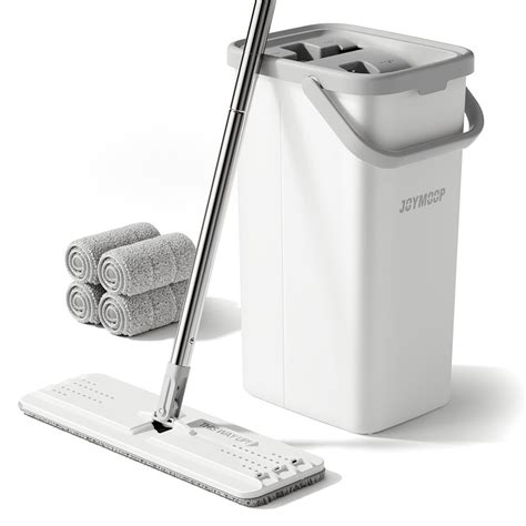 Joymoop Flat Squeeze Mop And Bucket Set With 50 Mop Handle And 4 Grey Mricrofiber Pads