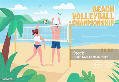 비치 발리볼 챔피언십 배너 플랫 벡터 템플릿 브로셔 만화 캐릭터가 있는 포스터 컨셉 디자인 여름 활성 레크리에이션 수평 전단지 텍스트 장소 전단지 배경 주제에 대한 스톡