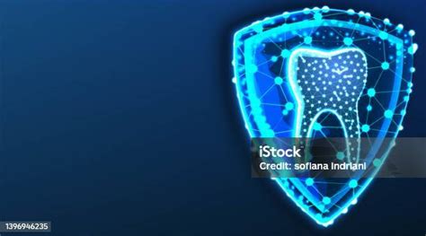 치아 치아 및 방패 치과 보호 치과 치료 추상 낮은 폴리 와이어 프레임 메쉬 디자인 점과 선을 연결에서 샤인 라인 진한 파란색 배경의 벡터 일러스트레이션 3차원 형태에 대한