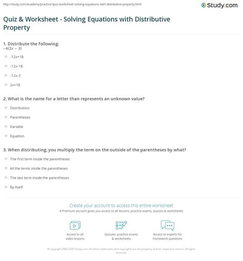 Quiz And Worksheet Solving Equations With Distributive Property
