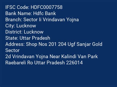 Hdfc Bank Sector Ii Vrindavan Yojna Branch Branch Code IFSC Code Hdfc