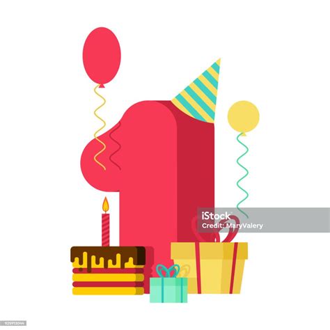 1 년 생일 인사말 카드입니다 1 주년 축 하 템플릿입니다 한 그림 그리고 촛불 축제 케이크 조각 풍선 및 선물 상자입니다 개념에 대한 스톡 벡터 아트 및 기타 이미지