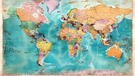 a vintage world map displaying countries and regions with colorful