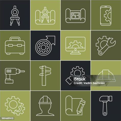 세트 라인 해머 작업자 안전 헬멧 렌치 스패너 및 기어 집 계획 워크 플로 프로세스로 기어 화살표 도구 상자 드로잉 나침반 및