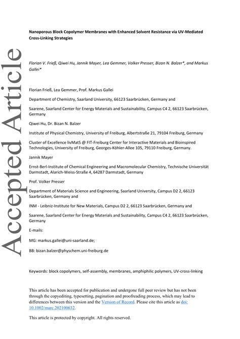 Pdf Nanoporous Block Copolymer Membranes With Enhanced Solvent Resistance Via Uv‐mediated