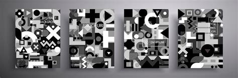 커버 세트 추상 기하학적 패턴 배경 벡터 원 삼각형 및 사각형 선 아트 디자인 흑백 배경 책 표지 포스터 전단지 잡지에 대한 구성 검은색에 대한 스톡 벡터 아트 및 기타