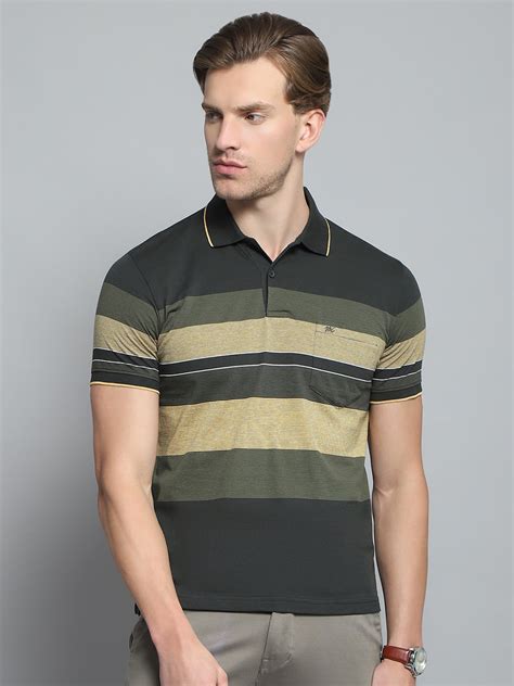 Buy Men Olive Stripe Collar Half Sleeve T Shirt Online In India Monte