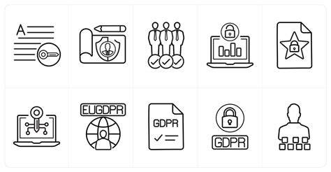A Set Of 10 Gdpr Icons As Key Data Protected Document Accessibility In Black Line Color