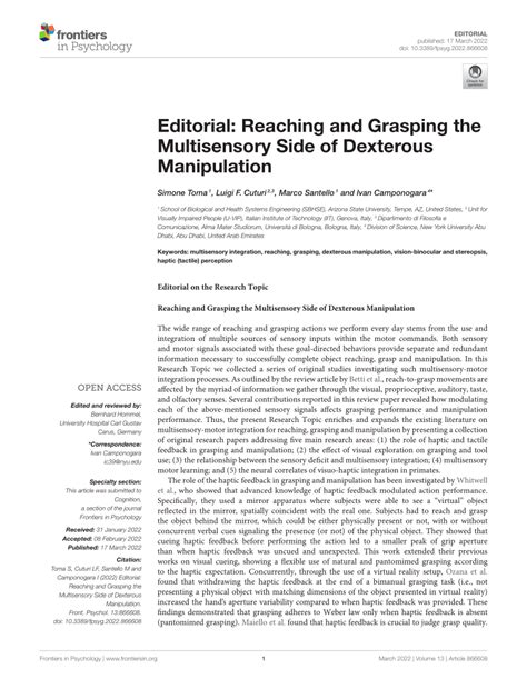 Pdf Editorial Reaching And Grasping The Multisensory Side Of Dexterous Manipulation
