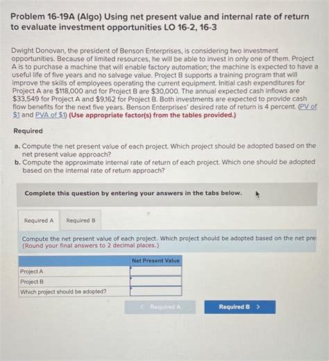 Solved Problem 16 19a Algo Using Net Present Value And