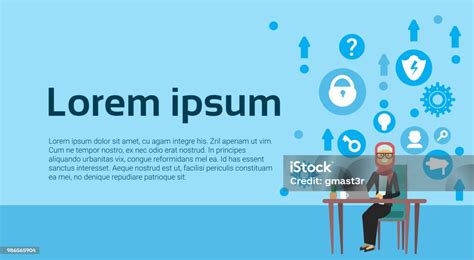 사무실 책상에 앉아 아랍 사업가 개최 노트북 새로운 아이디어 아이콘 개념 열심히 노력 하는 과정 평면 복사 공간 비즈니스 우먼 개념에 대한 스톡 벡터 아트 및 기타 이미지