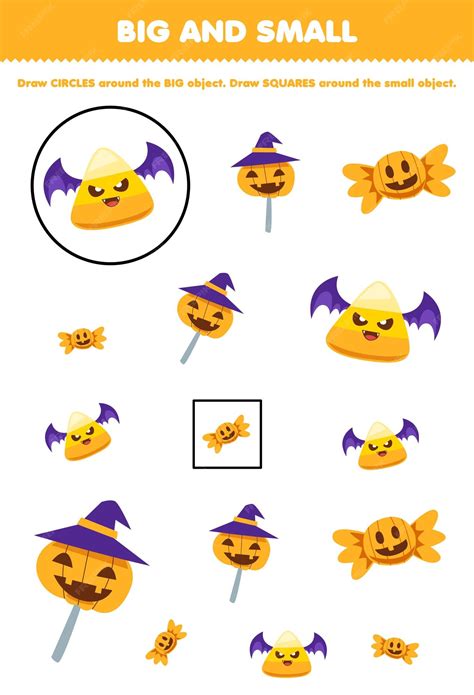 어린이를 위한 교육 게임은 귀여운 만화 옥수수 사탕 할로윈 인쇄용 워크시트의 원과 사각형을 그려 크거나 작은 크기로 정렬합니다 프리미엄 벡터