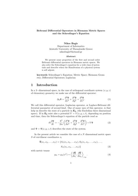 Pdf Beltrami Differential Operators In Riemanns Metric Spaces And The Schroedingers Equation