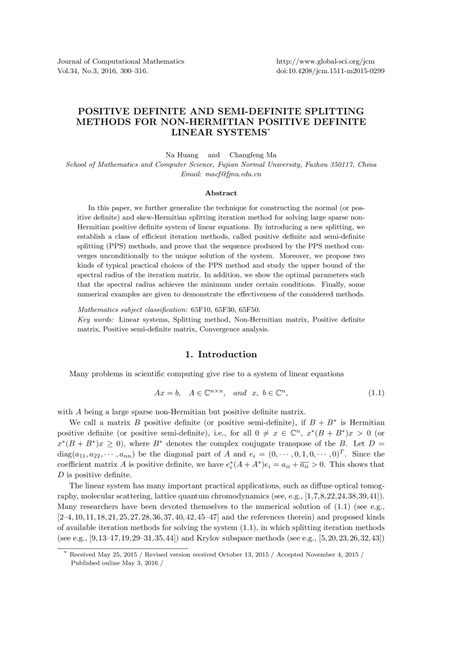 Global Science Press Positive Definite And Semi Definite Splitting Methods For Non Hermitian