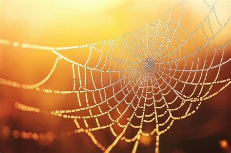 Dew Kissed Spider Web Sparkling Droplets In Soft Morning Light Stock