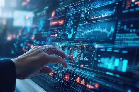 Businessman Navigating Futuristic Interface With Data Analysis And Financial Charts Stock