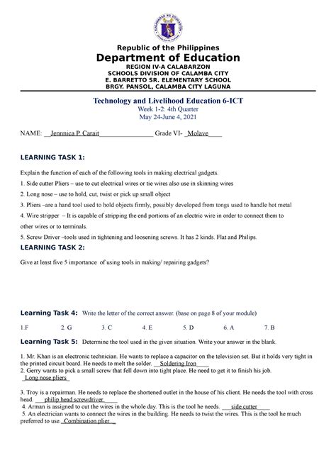 Tle Q4 W1 2 Carait Sdf Republic Of The Philippines Department Of