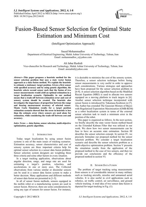Pdf Fusion Based Sensor Selection For Optimal Stateestimation And Minimum Cost Intelligent