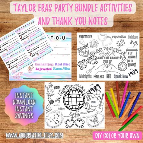 taylor in my swift era bundle 3 page coloring printable and thank you notes activity for swift