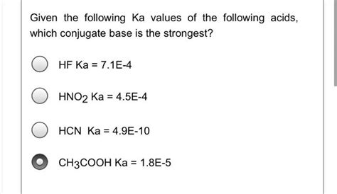 solved given the following ka values of the following acids