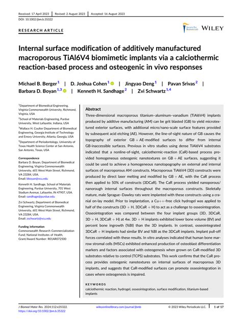 Internal Surface Modification Of Additively Manufactured Macroporous Tial6v4 Biomimetic Implants