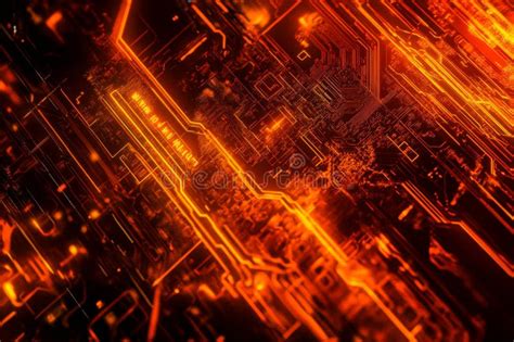 Futuristic Circuit Board With Glowing Orange Pathways And Digital Patterns Stock Image Image