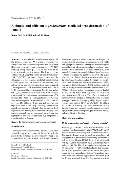 Pdf Vegetable Science A Simple And Efficient Agrobacterium Mediated Transformation Of Tomato
