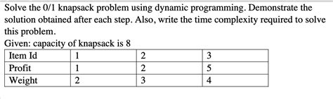 Solved Solve The 01 Knapsack Problem Using Dynamic