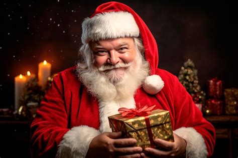 크리스마스 선물 상자를 손에 들고 있는 산타클로스 Ai 생성 이미지