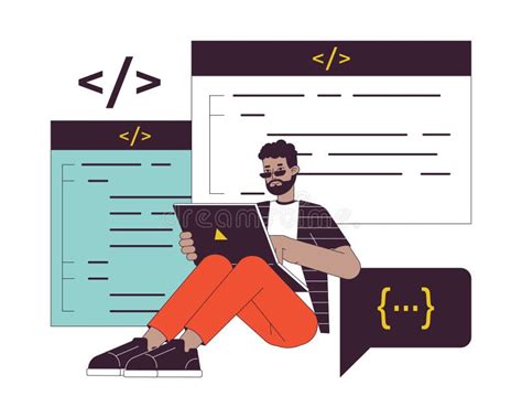 Programmer Sitting With Laptop Bw Concept Vector Spot Illustration