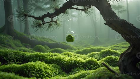 Mossy Forest Scene With Hanging Glass Capsule Holding Moss 65594835