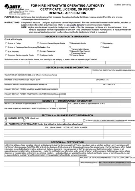 Fillable Form Oa 144m For Hire Intrastate Operating Authority